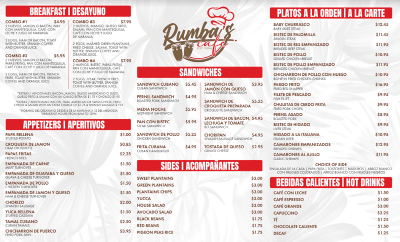 Restaurant Menu – Rumbas Cafe