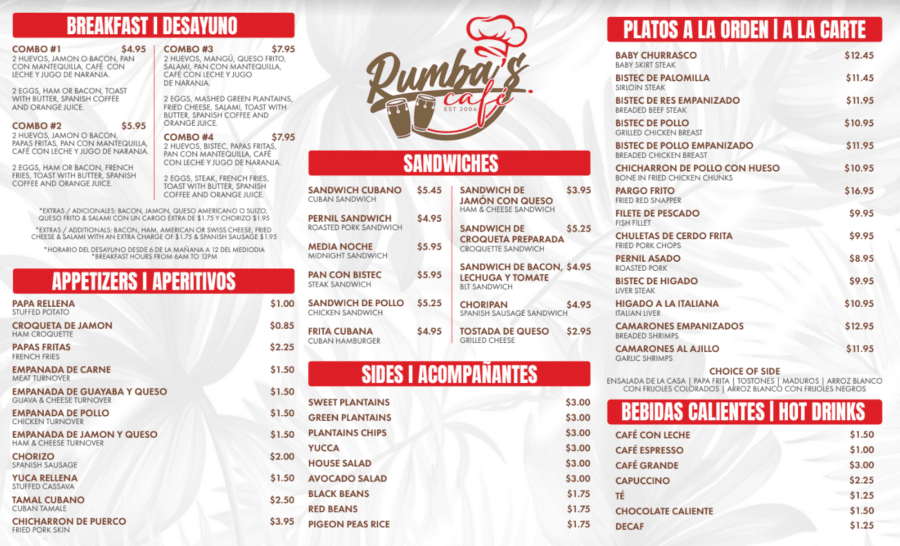 Restaurant Menu – Rumbas Cafe